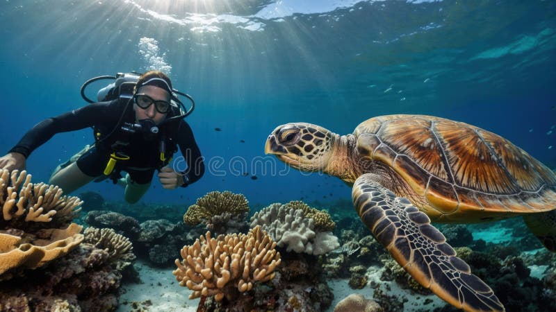 A Diver Interacts with a Sea Turtle Amidst Vibrant Coral Reefs ...