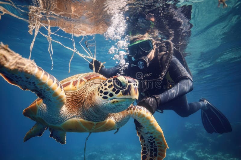 Diver Interacts with a Sea Turtle while Exploring Underwater in a ...