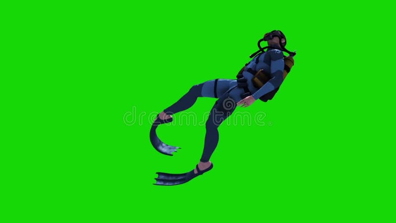 Diver Lateral Swimcycle Scuba Diving Cylinders Down Green Screen 3D ...