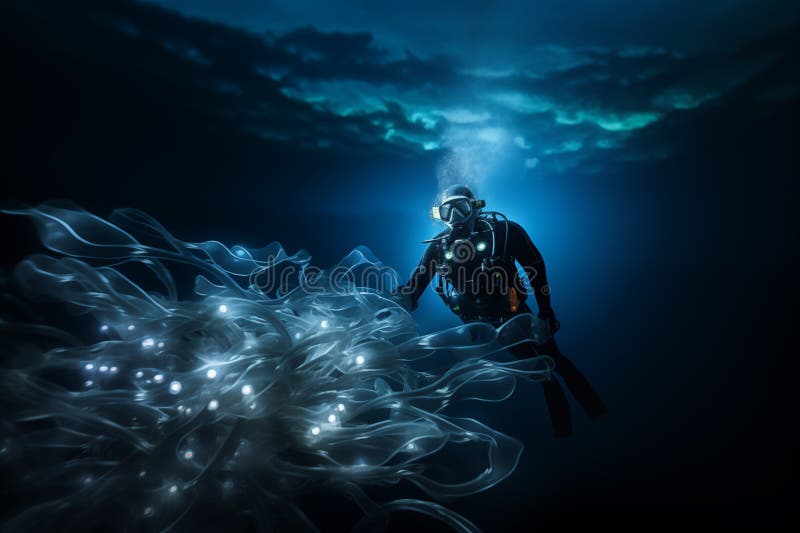 Diver on a Night Dive Surrounded by Bioluminescent Plankton. Generative ...