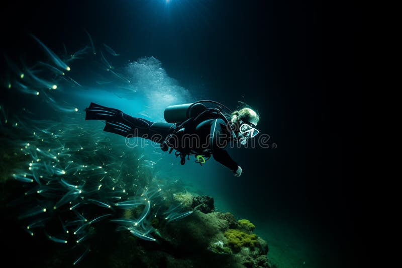Diver on a Night Dive Surrounded by Bioluminescent Plankton. Generative ...