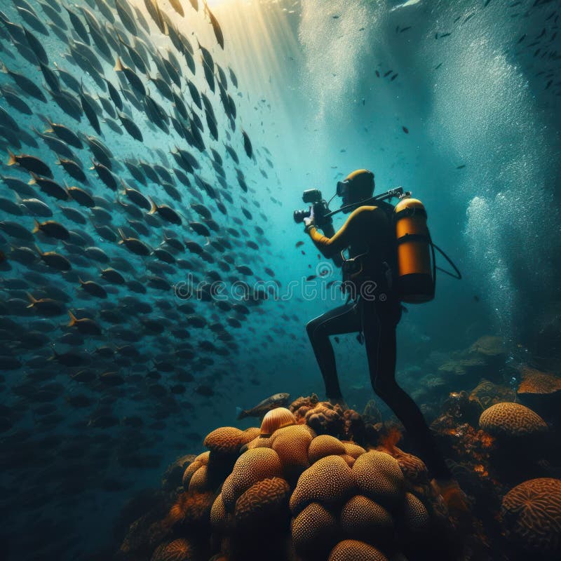 A Diver Photographs a Flock of Fish Underwater Stock Illustration ...