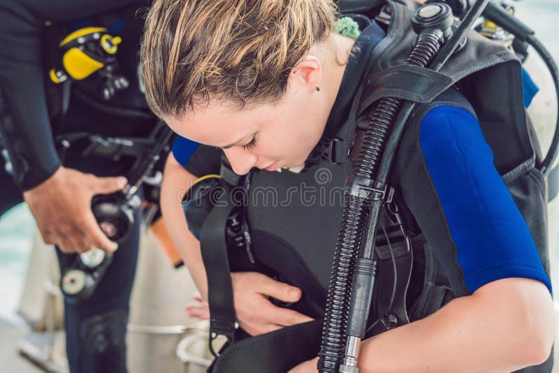 Diver Prepares His Equipment for Diving in the Sea Stock Image - Image ...