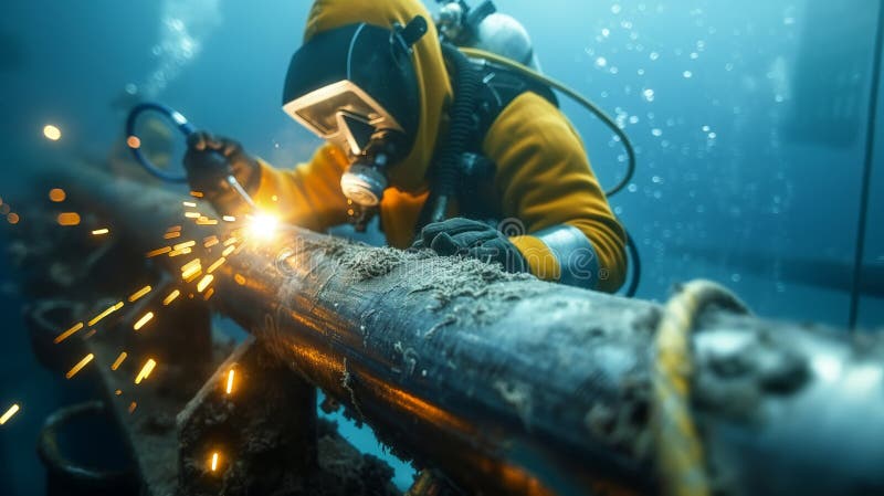 Diver Underwater Welding a Support Beam of an Oil Platform Stock Photo ...