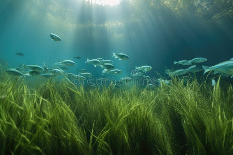 Diver S View of School of Fish Swimming among the Aquatic Plants Stock ...