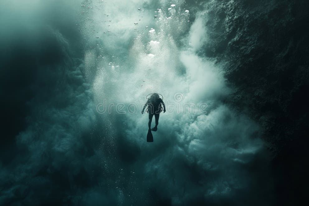 Diver Submerged in Water, Navigating through a Dark Cave System with ...
