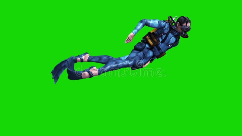 Diver Swim Scuba Diving Cylinders Side Green Screen 3D Rendering ...