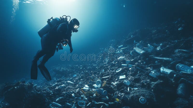 Diver Swimming through Ocean Plastic Pollution Stock Illustration - Illustration of garbage ...