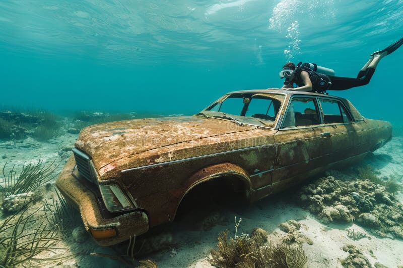 A Diver is Swimming Over a Rusted Car Stock Photo - Image of swimming ...