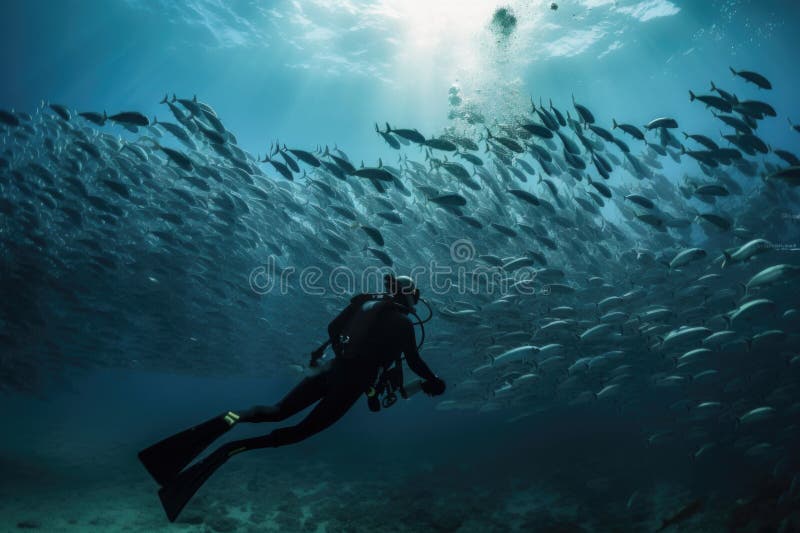 Diver Swimming with School of Fish, Surrounded by the Underwater Beauty ...