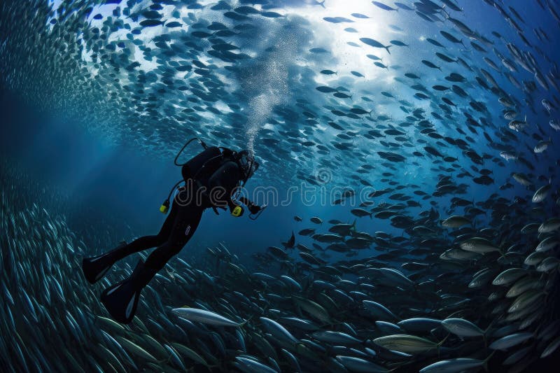 Diver Swimming through Schools of Fish, Surrounded by Underwater Beauty ...