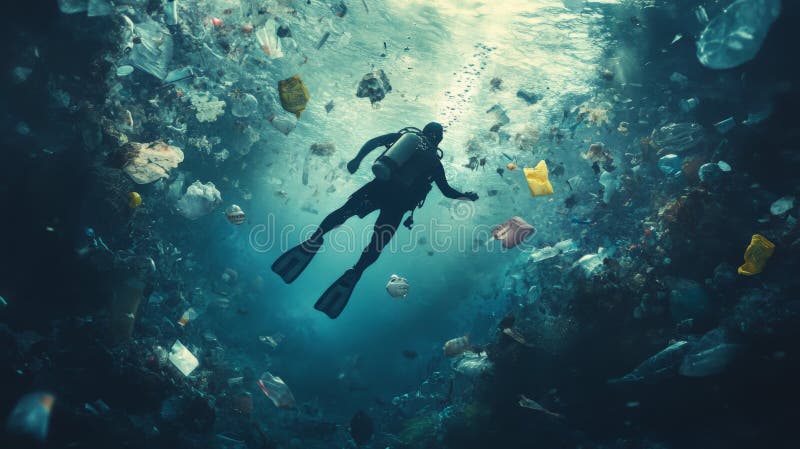 Diver Swimming through a Sea of Plastic Pollution Stock Illustration - Illustration of diver ...