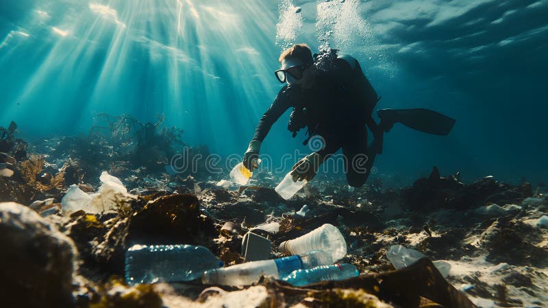 Diver Swimming Underwater Examining Ocean Pollution, Diver Exploring ...