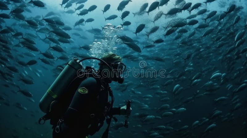 Diver Swims at the Bottom of the Ocean. Generative AI Stock ...