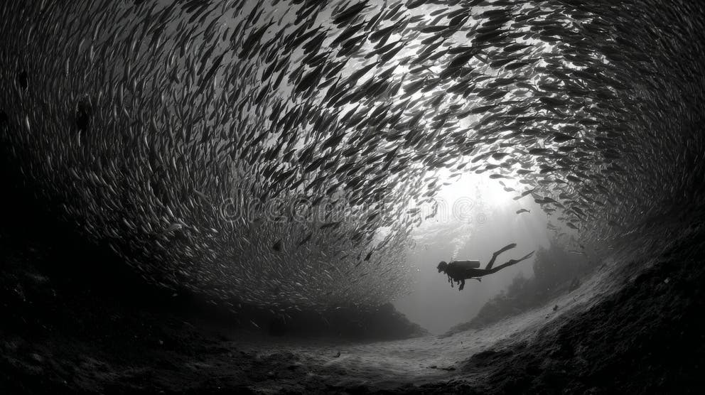 A Diver Swims through a Dense School of Fish, Surrounded by Shadows and ...