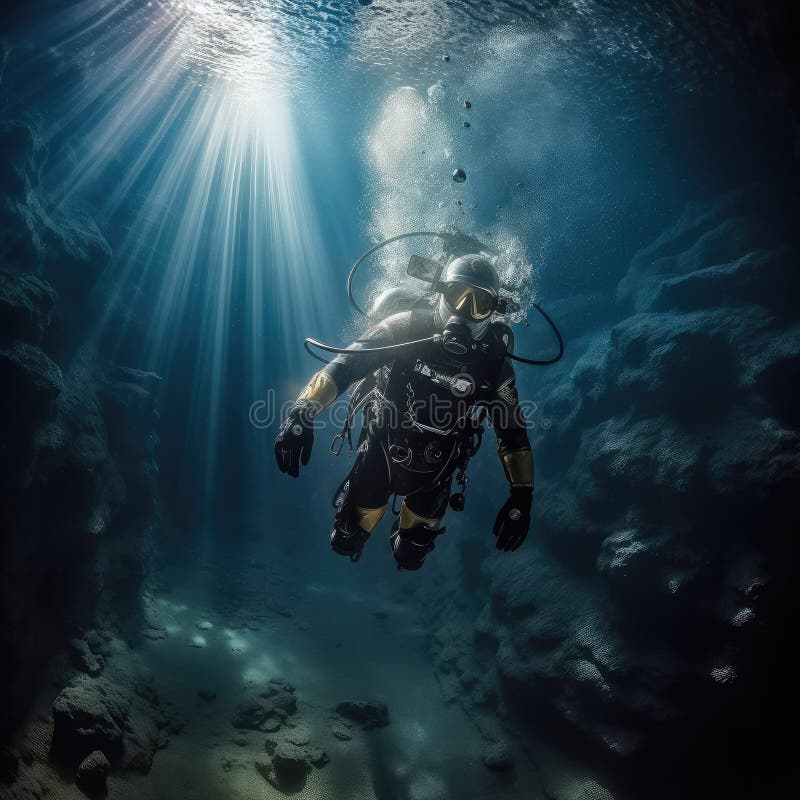 Diver Underwater, Depth, Diving Exploration in the Sea Stock ...