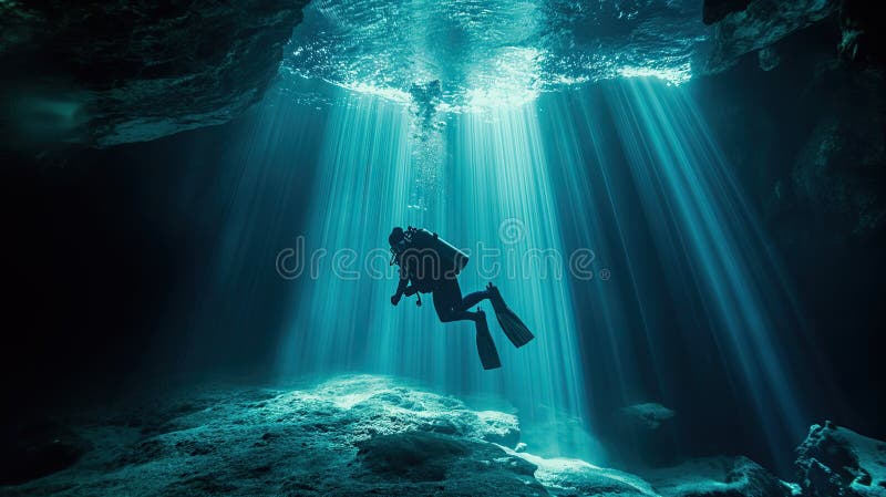 Diver Underwater in Light Rays from the Surface Stock Photo - Image of ...