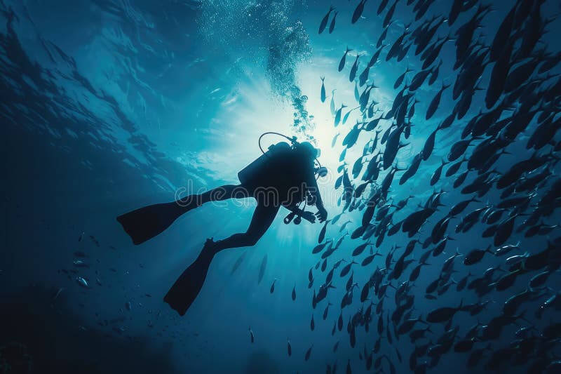Diver Underwater, Silhouette and Sun Light. Ai Generated Stock Image ...
