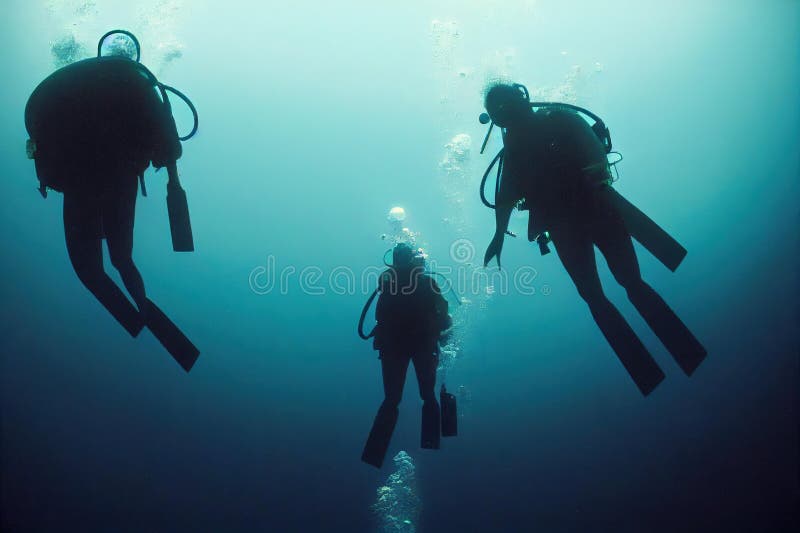 Diver Underwater View of Figures Floating in the Water with Air Bubbles ...