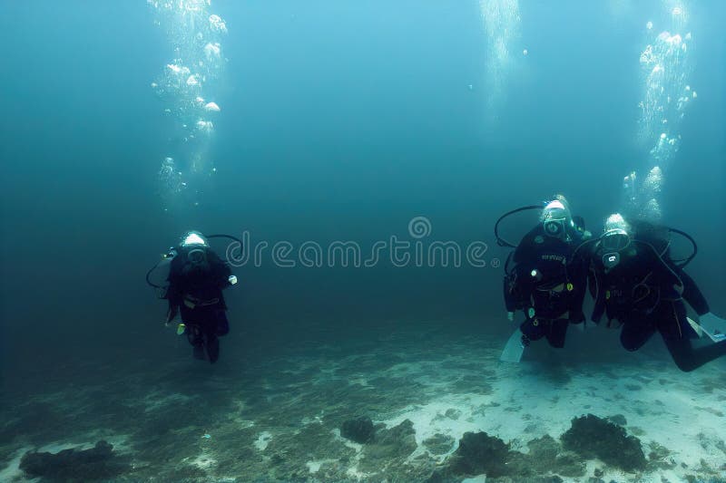 Diver Underwater View of Figures Floating in the Water with Air Bubbles ...