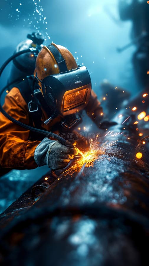 Diver Underwater Welding a Support Beam of an Oil Platform Stock Photo ...