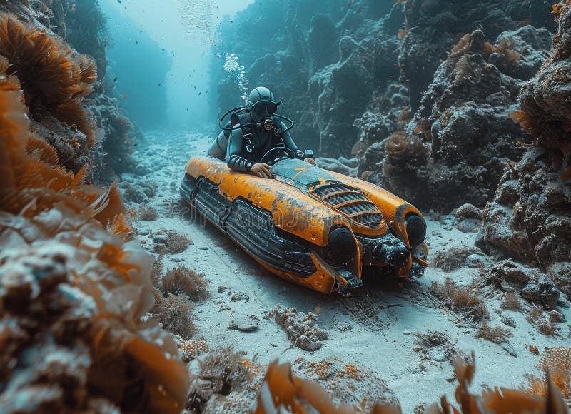 Diver Using a Handheld Underwater Device on the Ocean Floor Surrounded ...