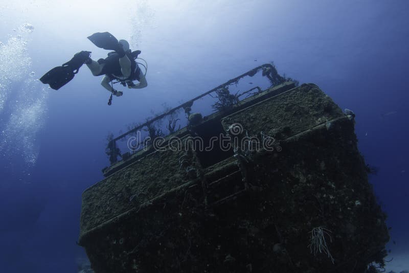 Divers Enjoying a Deep Wreck Ship Stock Image - Image of learn, depth ...