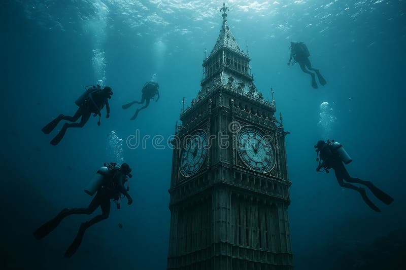 Divers Explore Submerged Clock Tower Beneath Ocean Stock Illustration ...