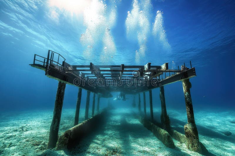 Underwater Structure Showcasing Marine Life and Sunlit Waters in a ...