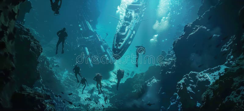Divers Exploring a Sunken Ship. Created by Generative Artificial ...