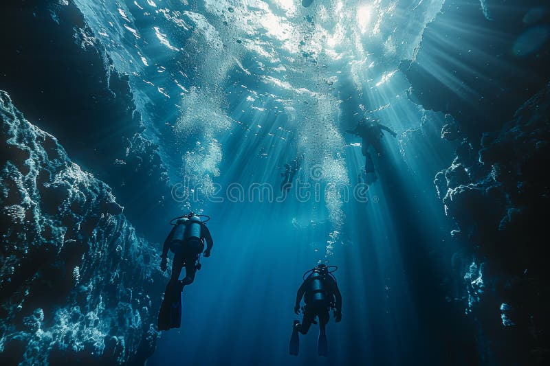 Divers in Full Diving Equipment Performing Tasks Underwater in a ...