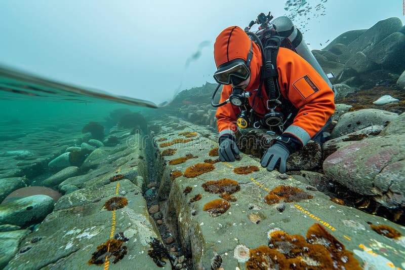 Divers in Full Equipment Working Underwater, Connecting Pipes in a ...