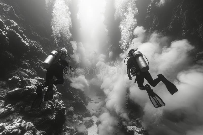 Divers in Full Scuba Diving Equipment Conducting Underwater Exploration ...