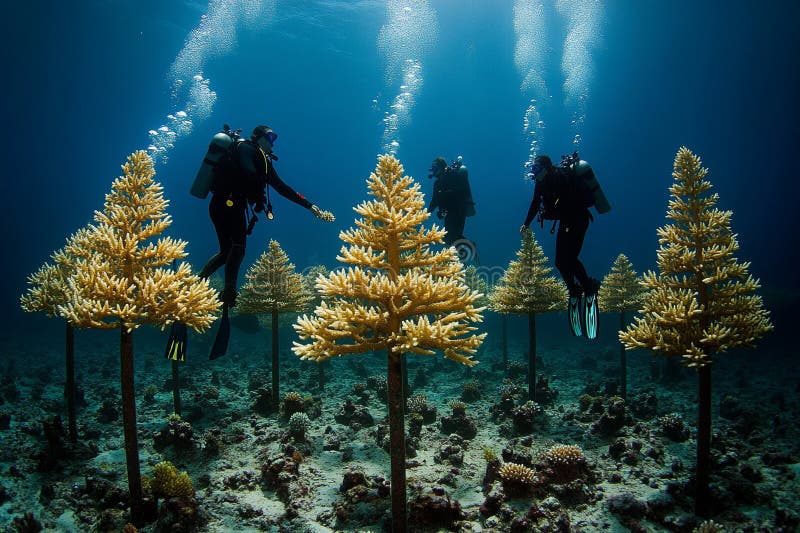 Divers Install Coral Fragments Onto Reef Structure To Support Marine ...