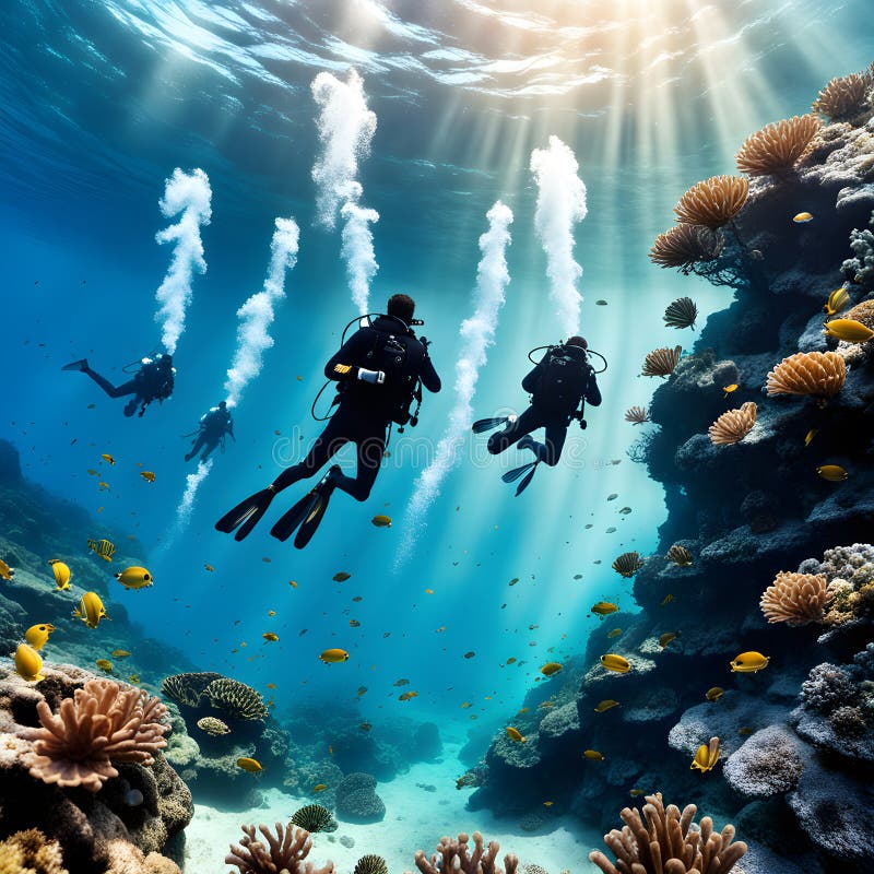 Divers in the Sea, Ai-generatet Stock Illustration - Illustration of ...