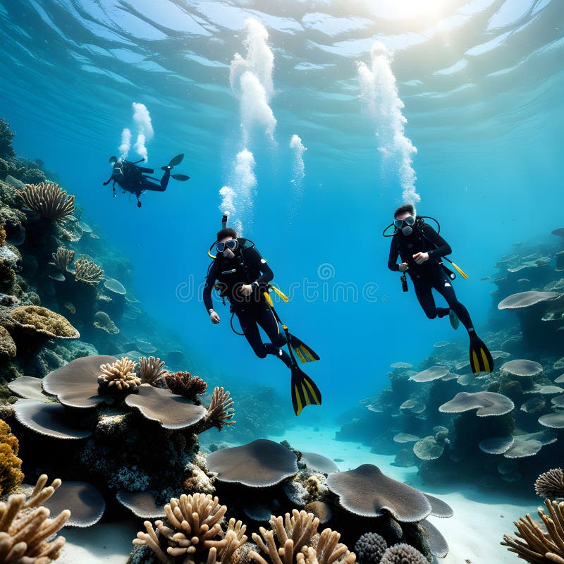 Divers in the Sea, Ai-generatet Stock Illustration - Illustration of ...