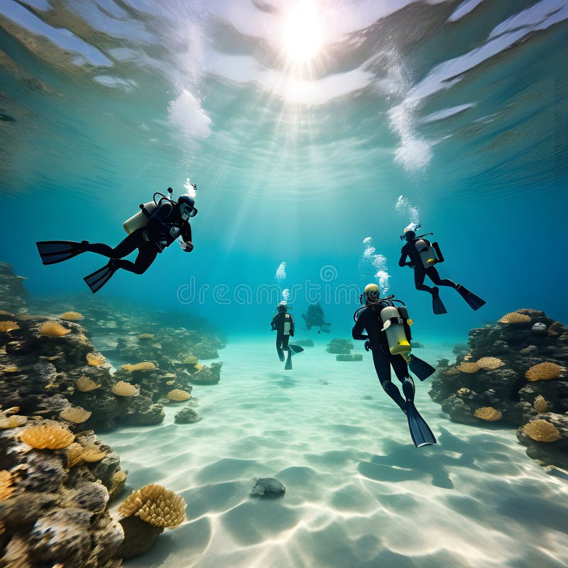 Divers in the Sea, Ai-generatet Stock Illustration - Illustration of ...