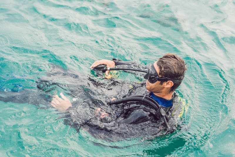 Divers on the Surface of Water Ready To Dive Stock Image - Image of ...
