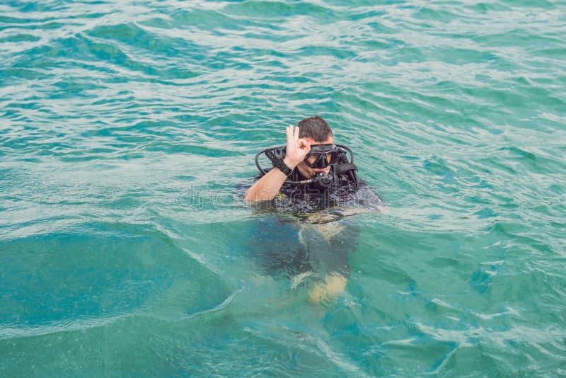 Divers on the Surface of Water Ready To Dive Stock Photo - Image of ...