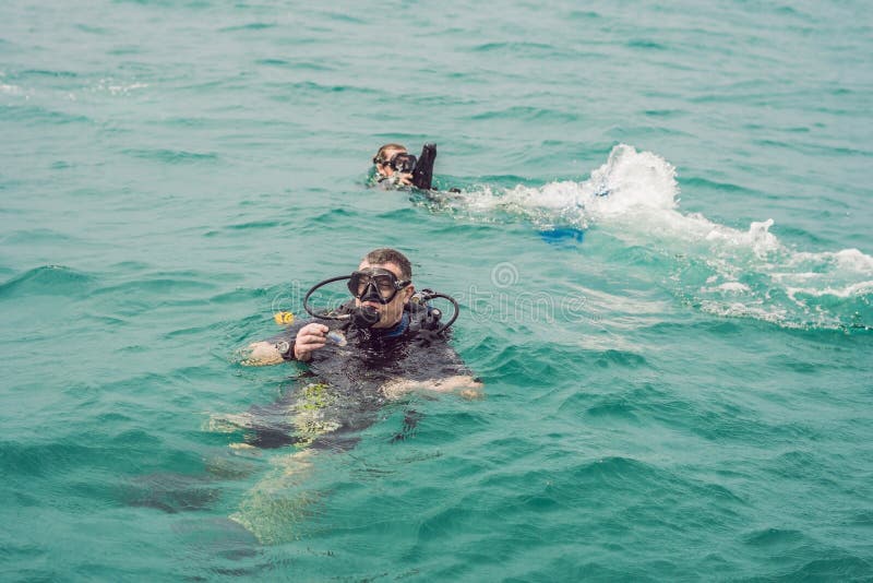 Divers on the Surface of Water Ready To Dive Stock Photo - Image of ...