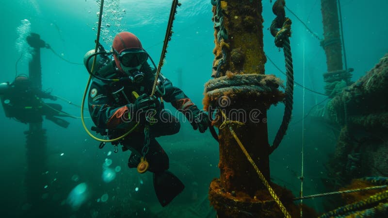 Divers Using Powerful Underwater Drills To Create Holes for the ...