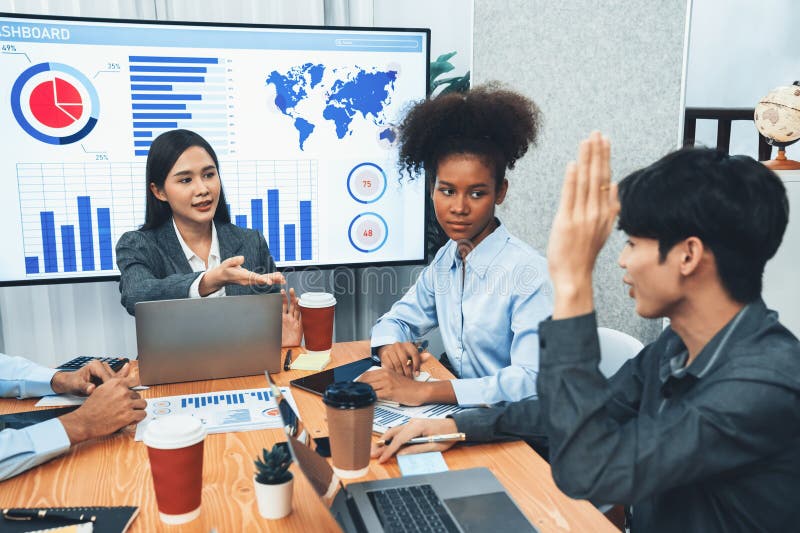 Analyst Team Colleague Raise Hand, Ask Question during Presentation ...