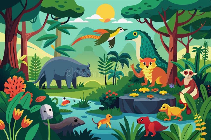 A Diverse Array of Animals Interact Harmoniously in a Lush Forest ...