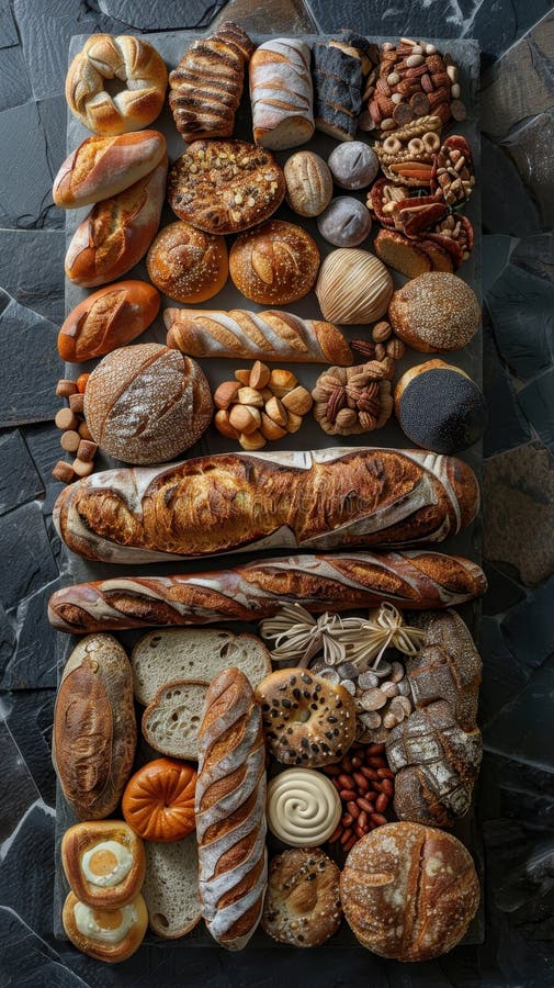 A Diverse Array of Artisan Bread Types Displayed on a Rugged Stone Slab ...