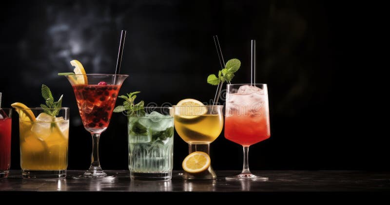 A Diverse Array of Classic Cocktails Presented on a Sophisticated Dark ...
