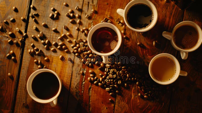 Diverse Array of Coffee Cups on Wooden Table Stock Photo - Image of ...