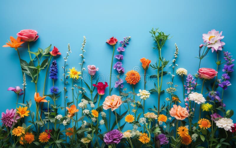 A Diverse Array of Colorful Flowers Stands Tall Against a Vivid Blue ...