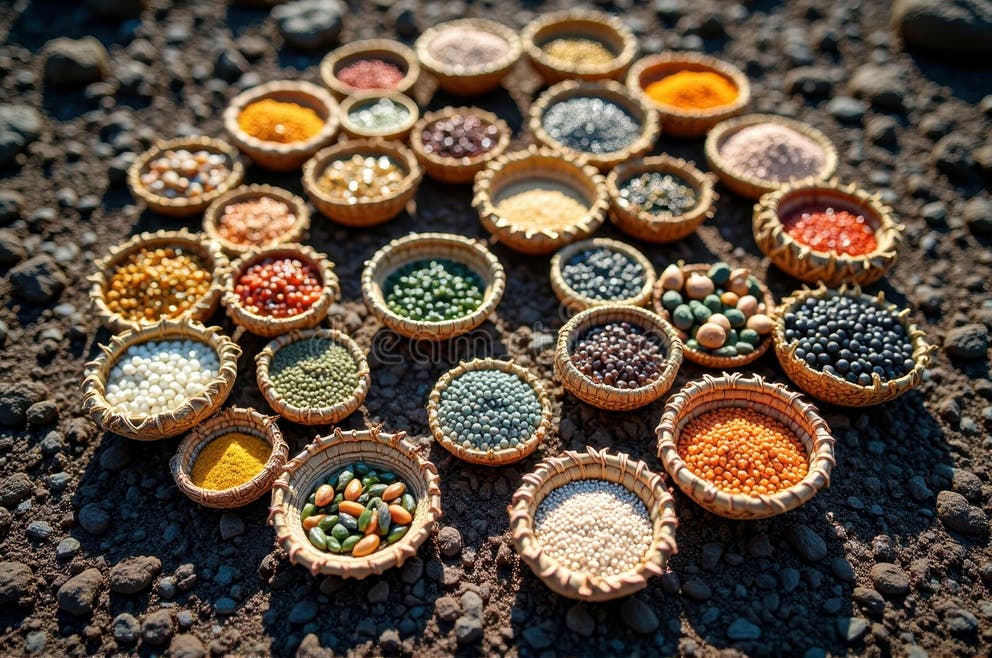 Diverse Array of Colorful Seeds and Grains in Woven Baskets on Earthy ...