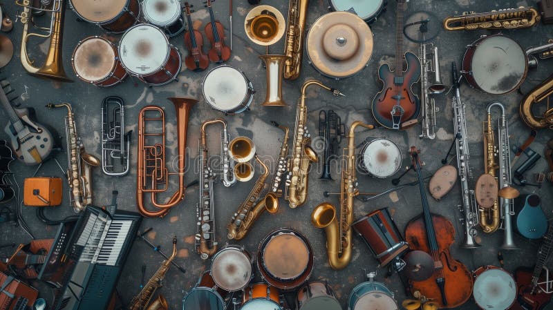 Diverse Array of Jazz Instruments Meticulously Arranged on a Textured ...