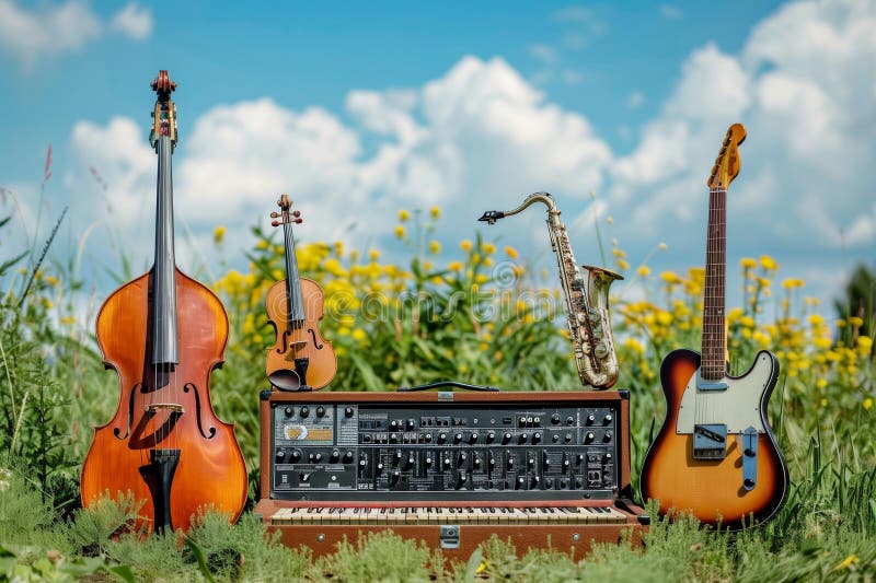 Musical Instruments Displayed in a Vibrant Field Under a Clear Sky for ...